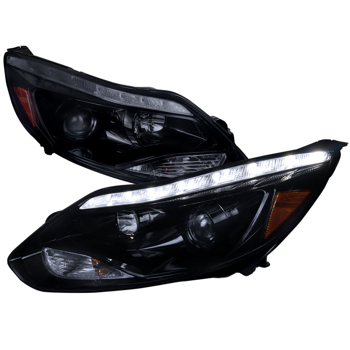 2012-2014 Ford Focus Projector Headlights w/ LED Light Strip & LED Tur ...