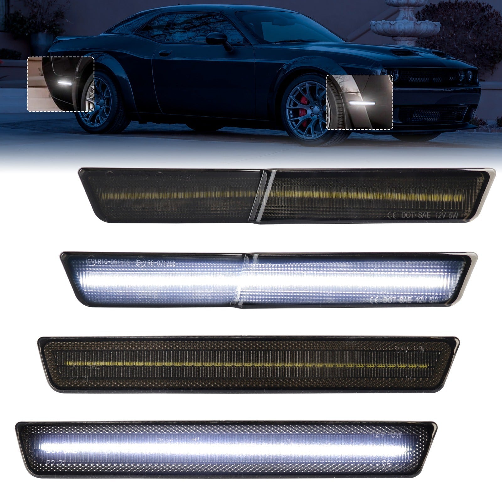 CHALLENGER WIDEBODY 15-23 FRONT/REAR SMOKED LED SIDE MARKERS – NTXGlow